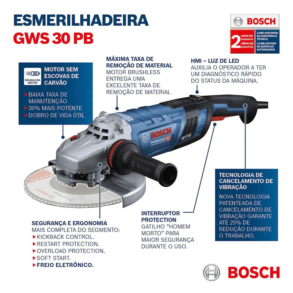 Esmerilhadeira Angular 7” Bosch 2800W GWS30-180PB - lfmaquinaseferramentas