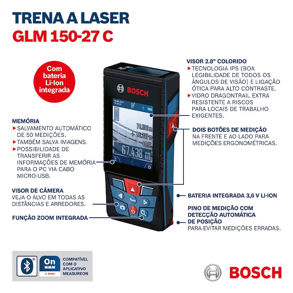 Trena Laser de 150 metros com Bluetooth Bosch GLM 150-27 C - lfmaquinaseferramentas