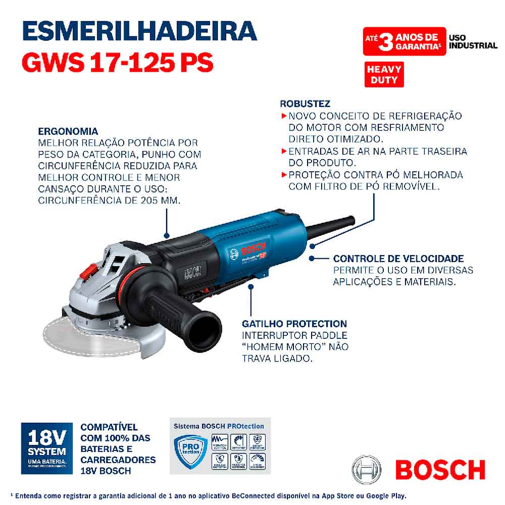 Esmerilhadeira Angular 5” 1700W Bosch GWS 17-125 PS | LF Máquinas e ...