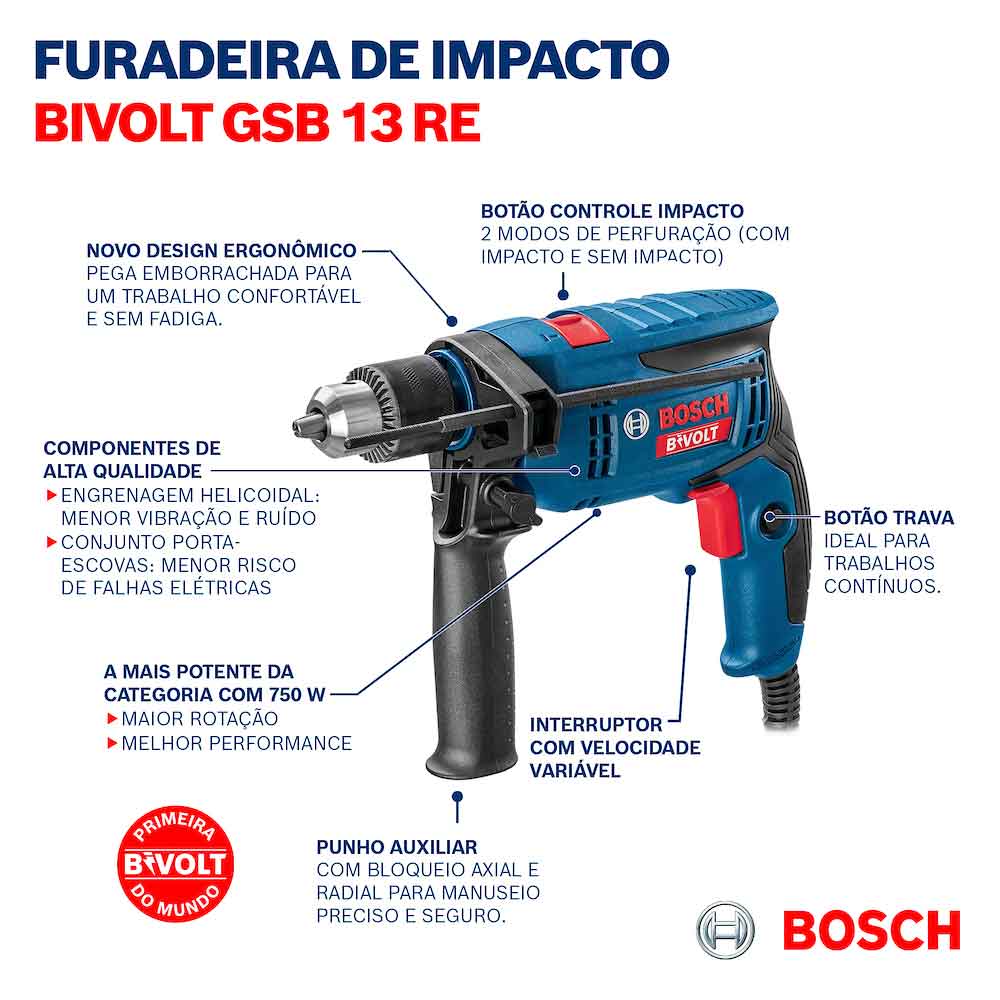 Furadeira de Impacto 1/2" Bosch GSB 13 RE 650W | LF Máquinas e Ferramentas - lfmaquinaseferramentas